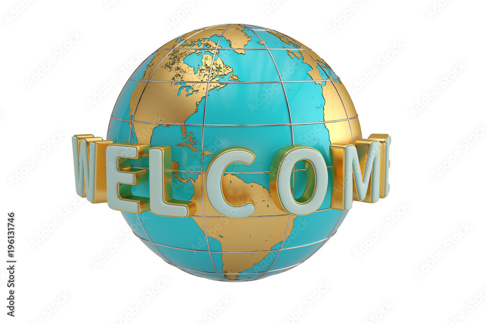 Welcome sign letters with globe on white background.3D illustration ...