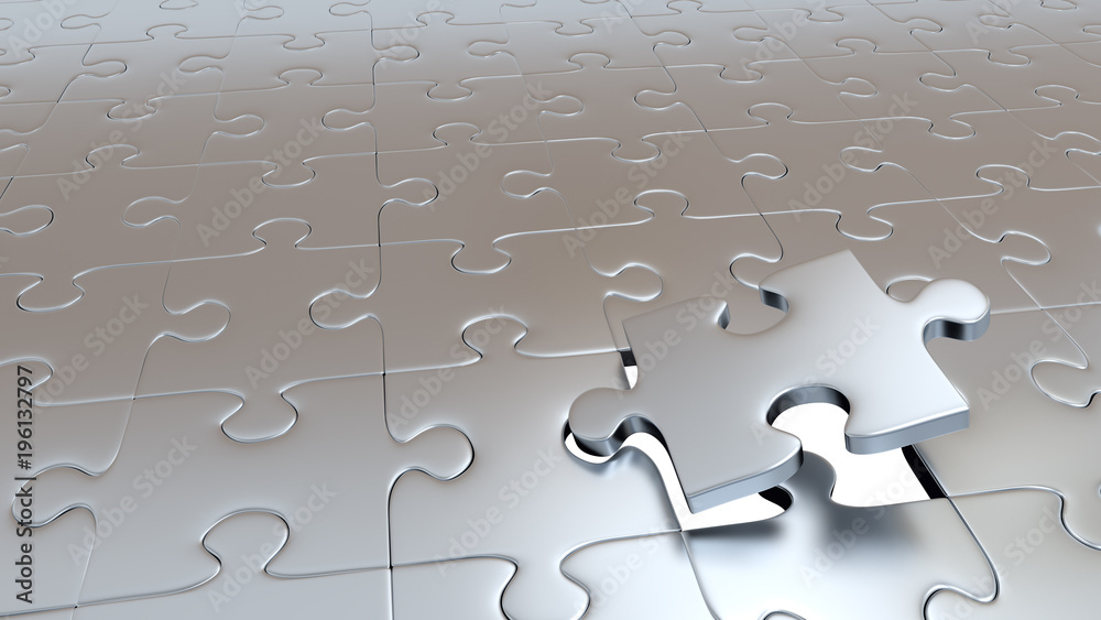 One Big Silver Puzzle Piece which getting away from the others Stock ...