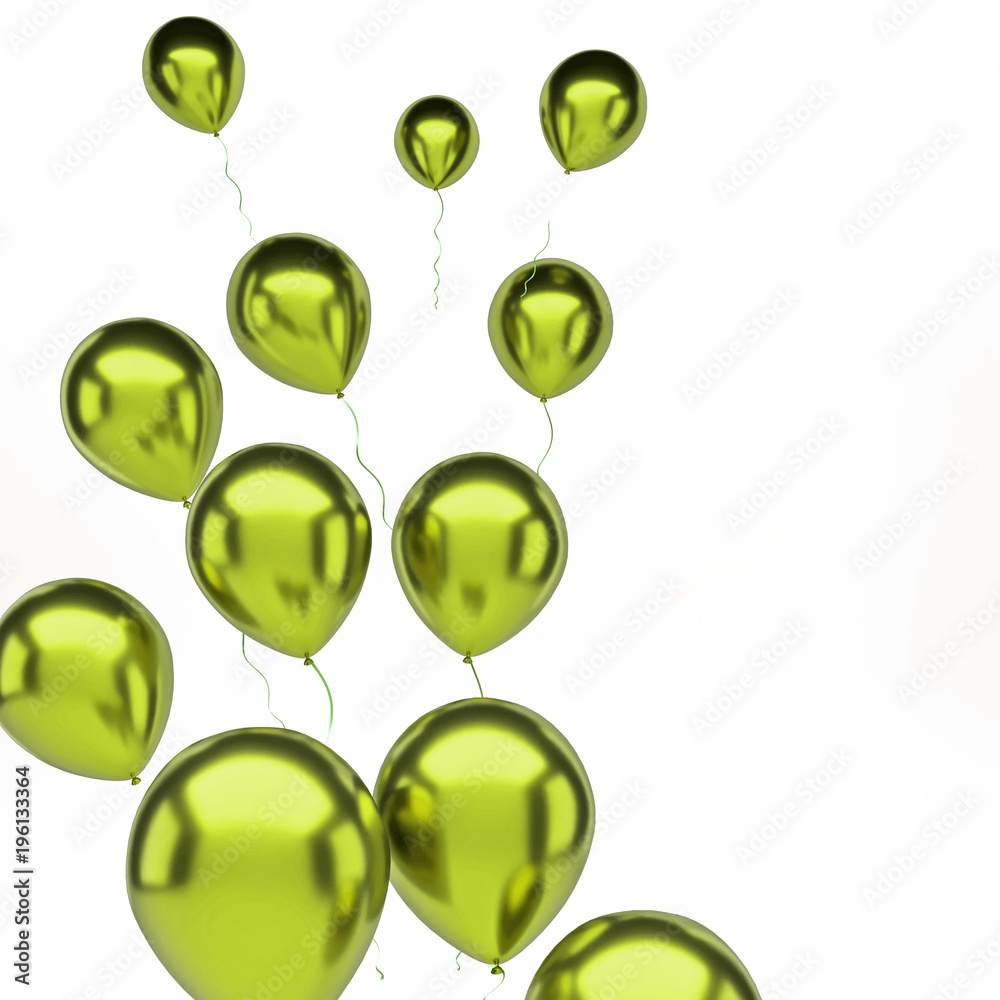 Yellow green metallic balloons on the left side isolated on white ...