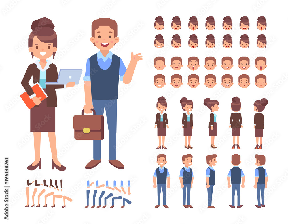 Front, side, back view animated character. Business woman and man ...