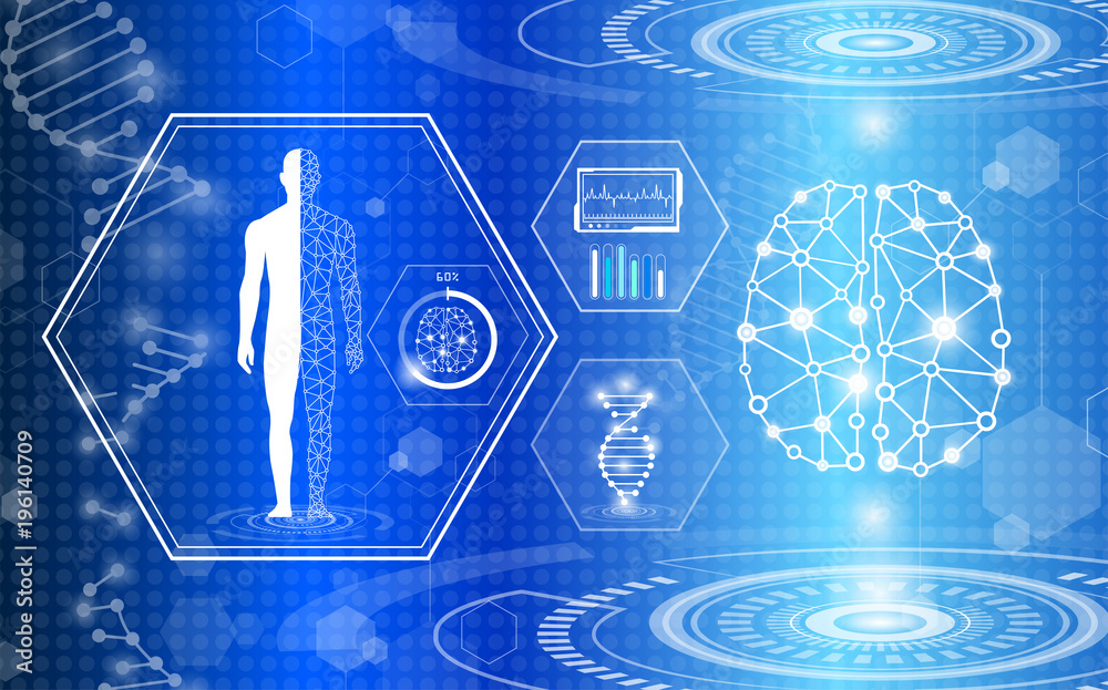 abstract background technology concept in blue light,brain and human ...