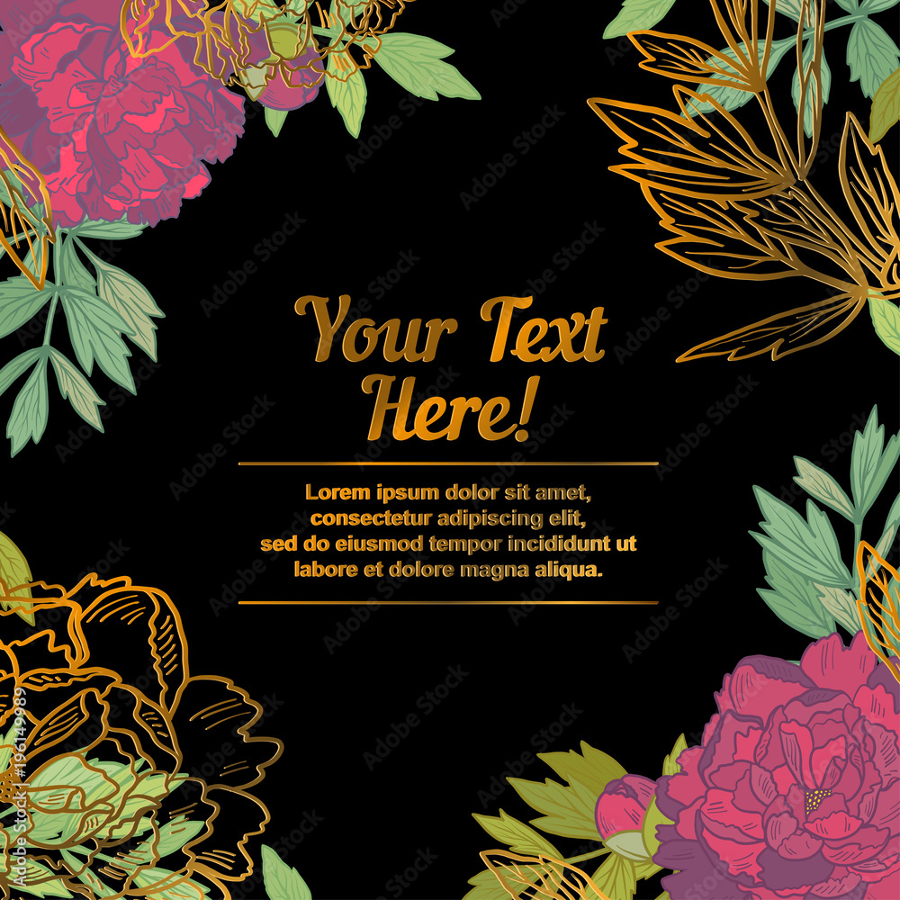 Hand Drawn frame for text with peony flowers and herbs vintage floral ...