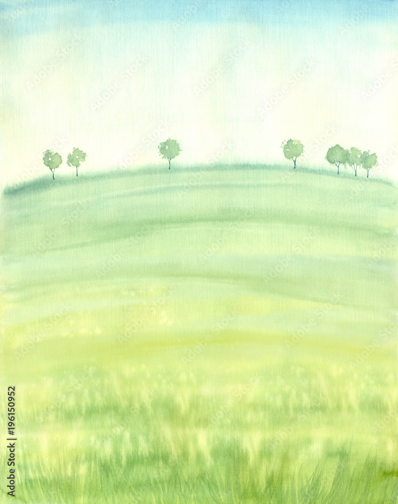 Watercolor painting background. Summer field with trees on the horizon ...