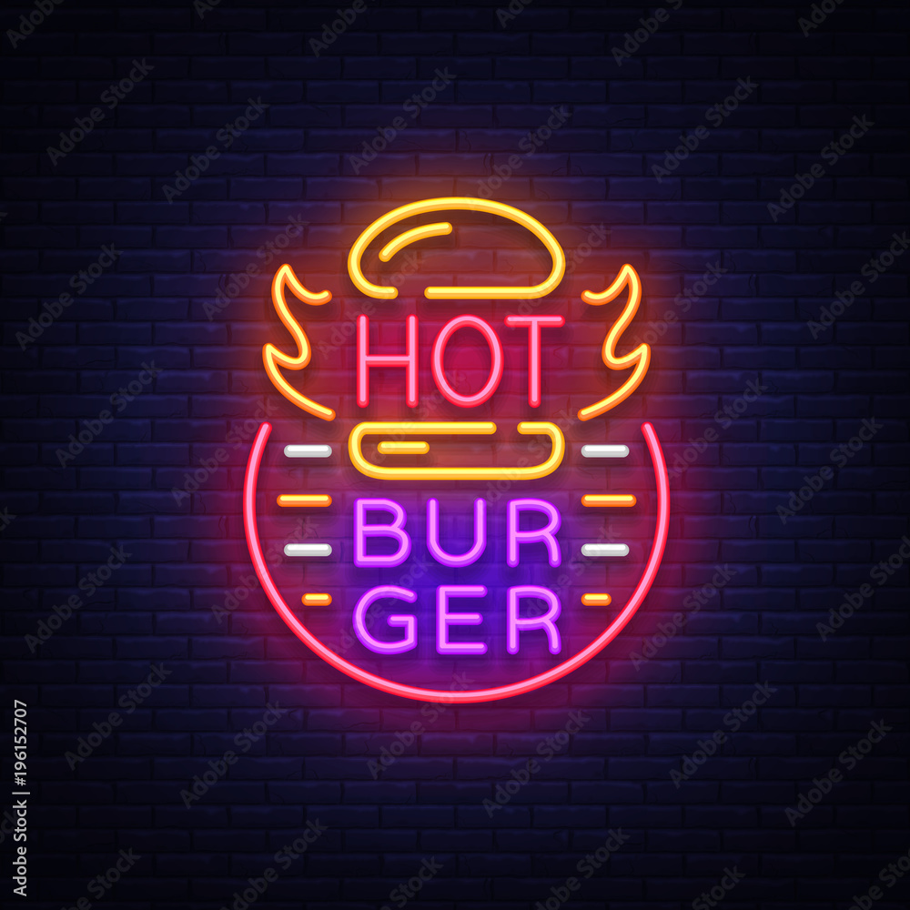 Hot Burger neon sign. Fastfood burger sandwich neon style logo, bright ...