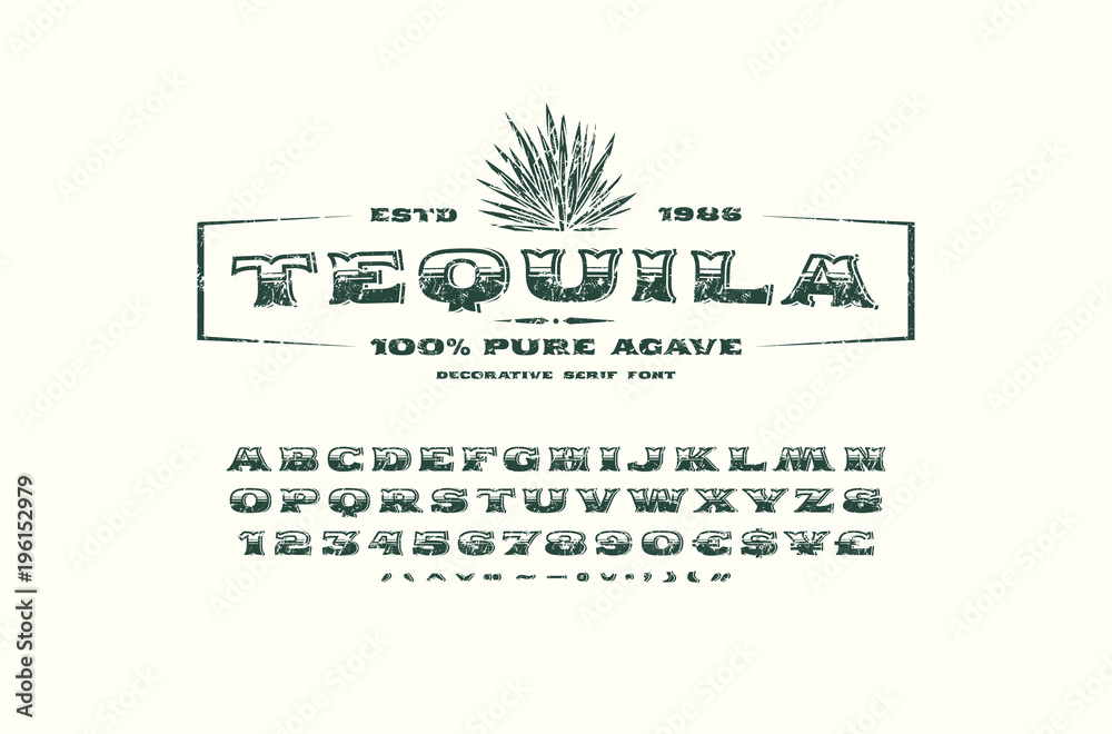 Ornate serif font and label template for tequila Stock Vector | Adobe Stock