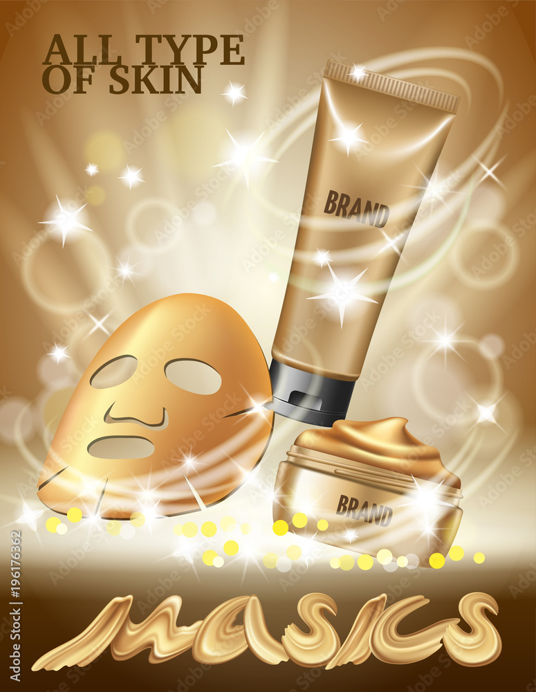 Poster of face masks golden mask and scrub with biogold. 3d vector ...