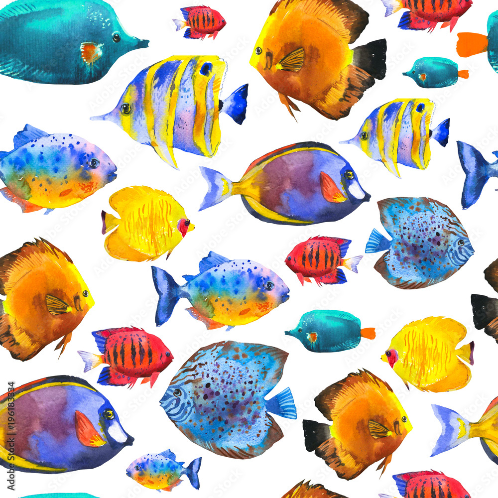Seamless pattern with tropical fish. Watercolor illustration with hand ...