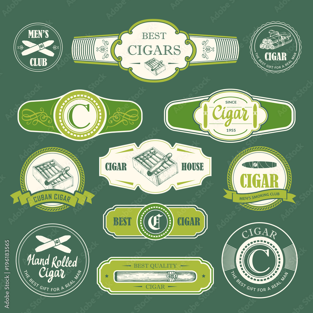 Vector Illustration with logo and labels. Simple symbols tobacco, cigar ...
