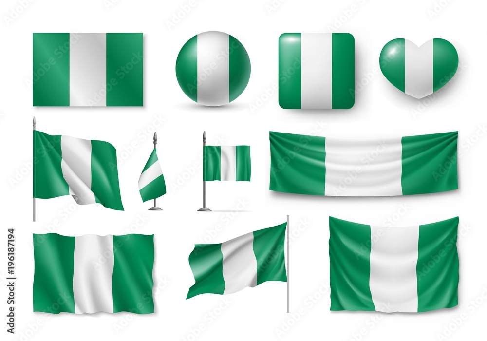 Set Nigeria flags, banners, symbols, flat icon. Vector illustration of ...