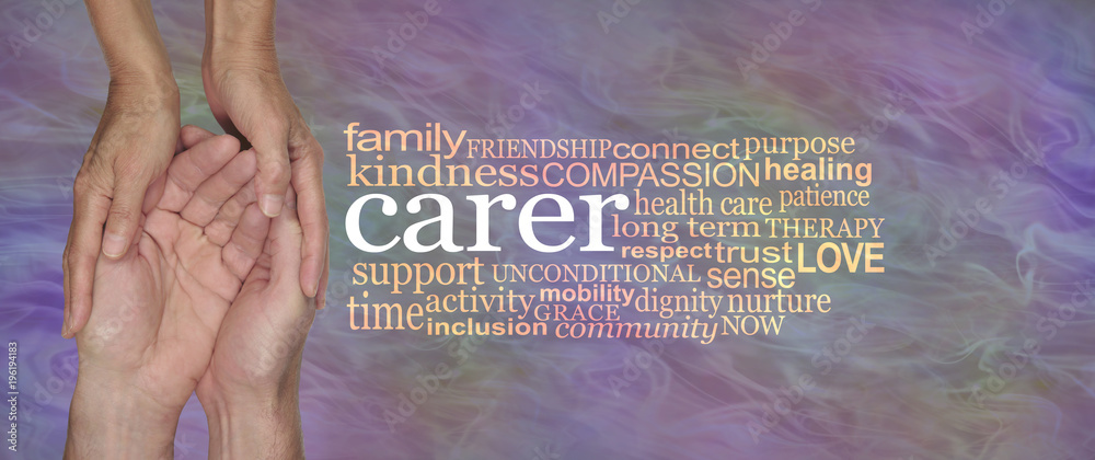 Carers Word Cloud - female hands gently cupped around male cupped hands ...