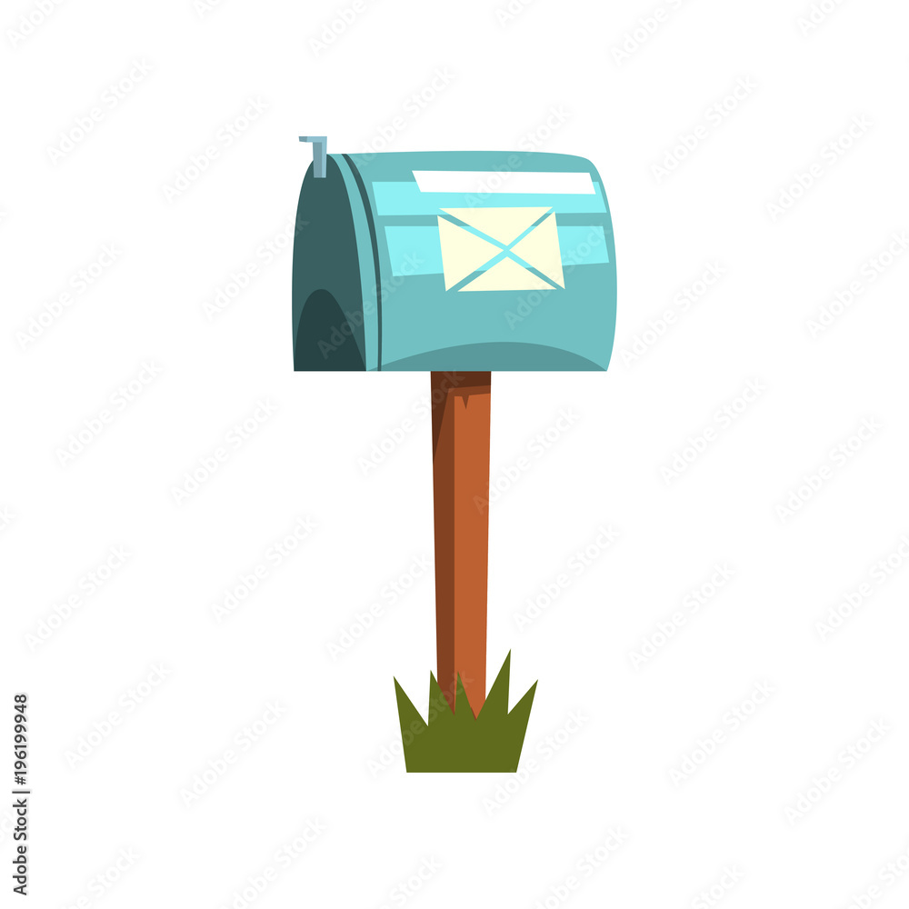 Cartoon illustration of metallic mailbox on wooden pole. Icon of blue ...