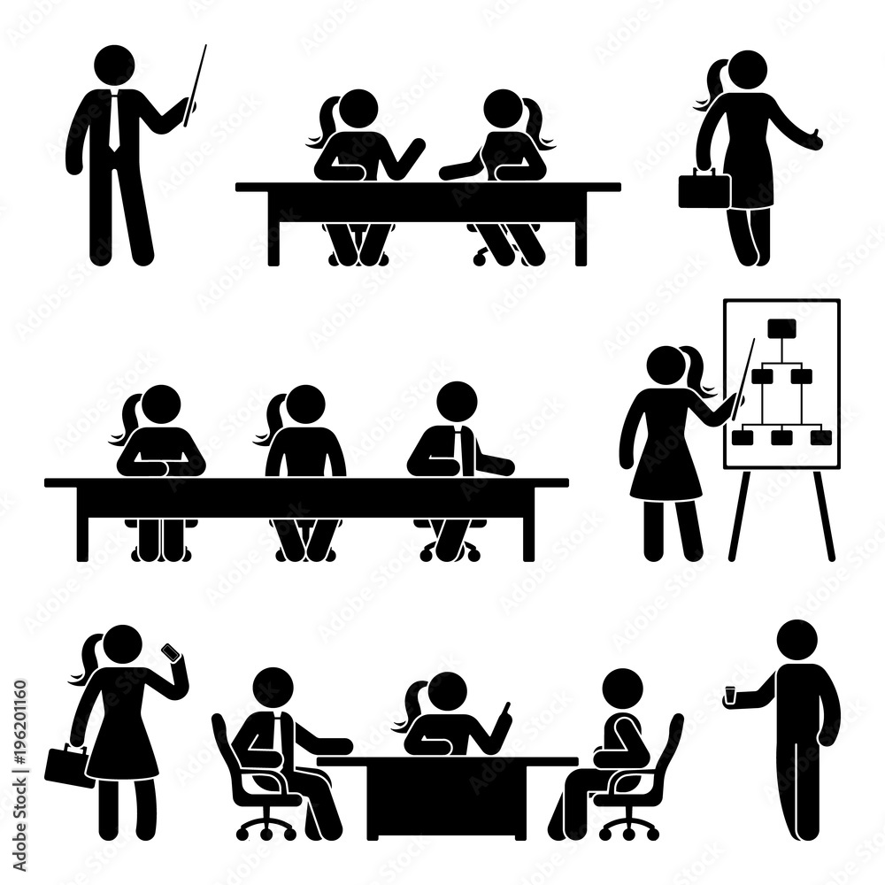 Stick figure business presentation icon set. Vector illustration of ...