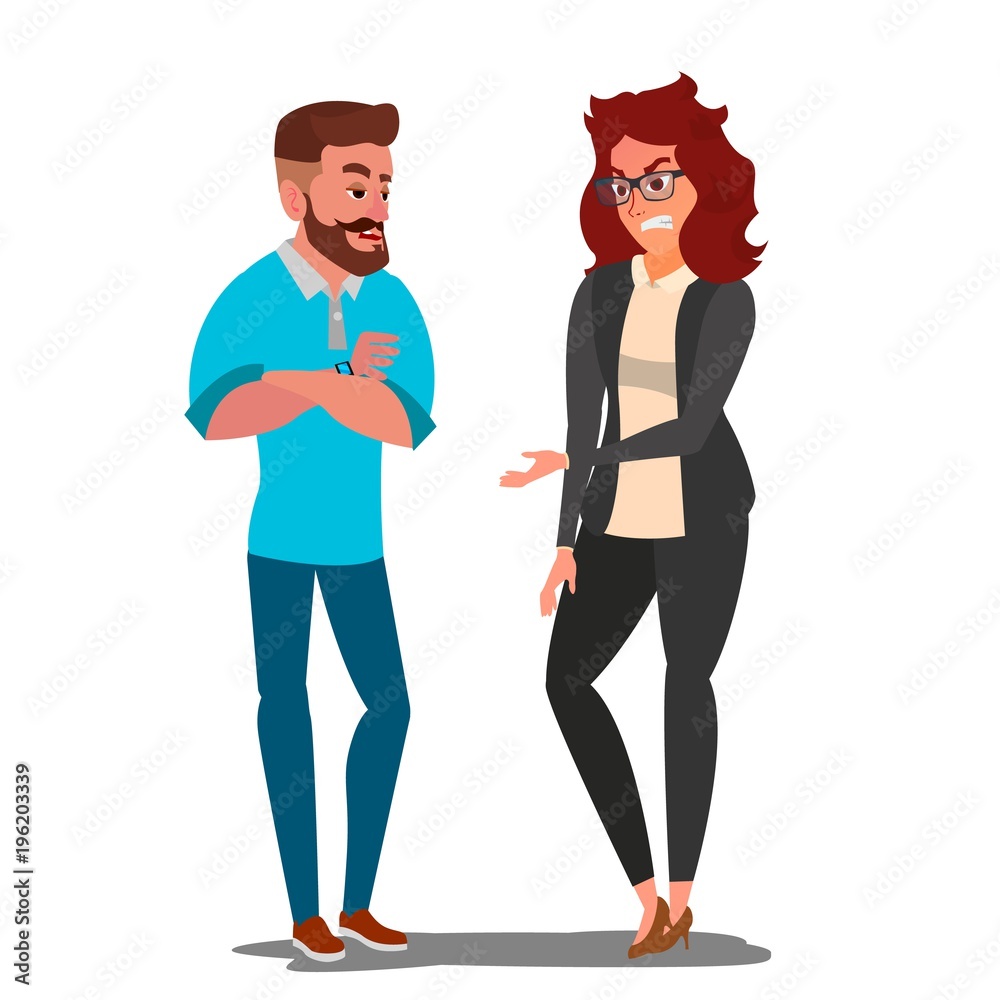 Quarrel Man And Woman Vector. Office Workers Characters Conflict ...