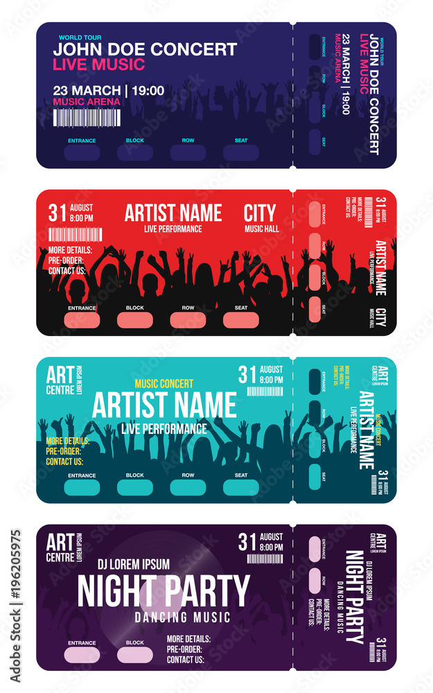 Set of concert ticket templates. Concert, party or festival ticket ...