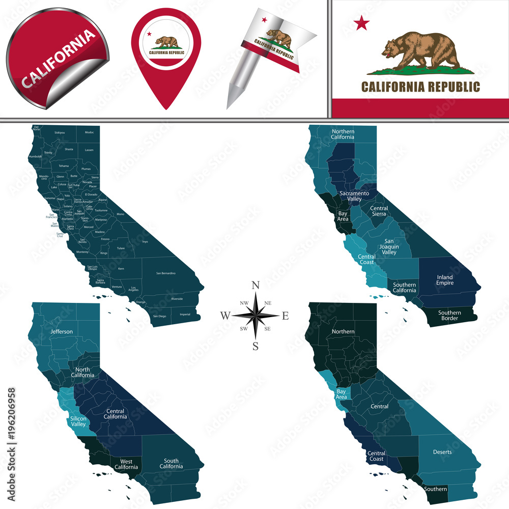 Map of California with Regions Stock Vector | Adobe Stock