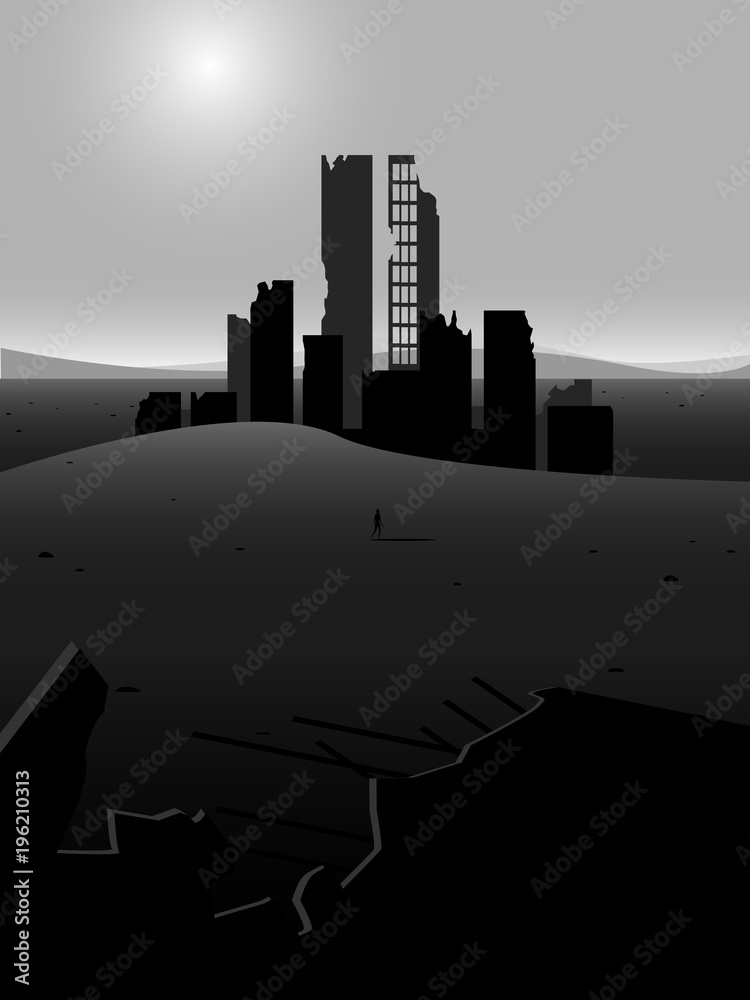 dystopian future vector, desolate landscape with city ruins in desert ...