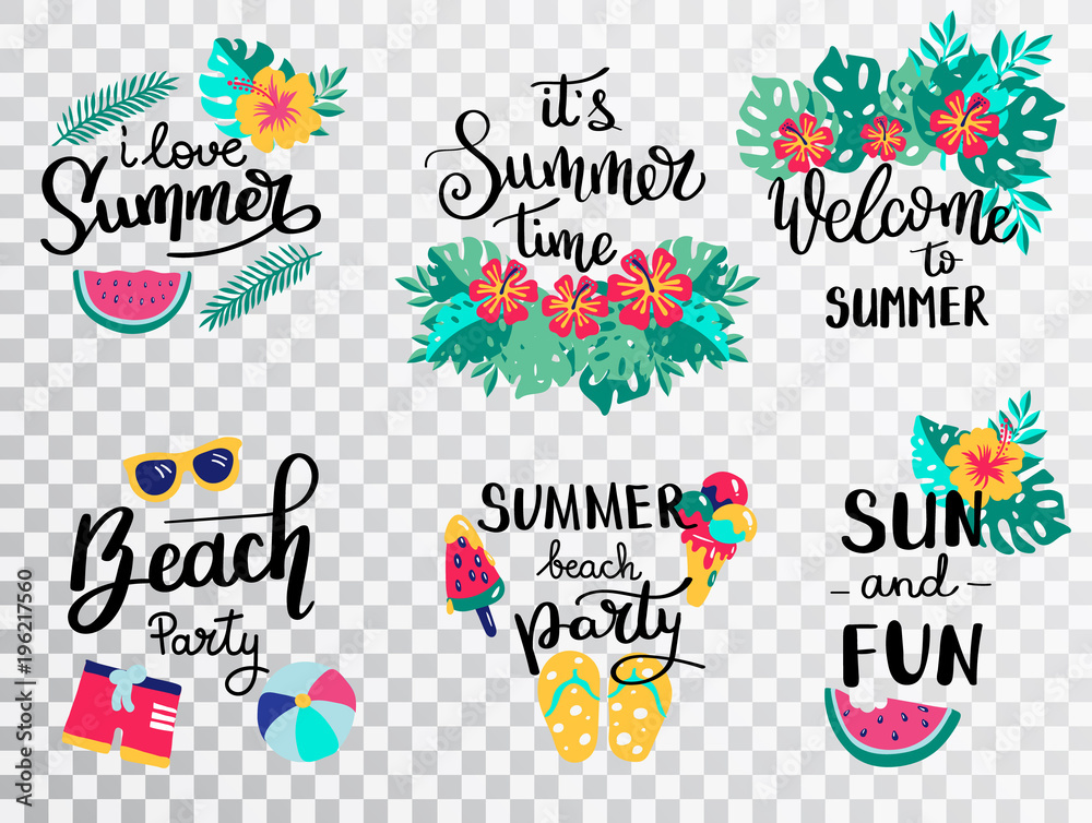 Summer lettering. Set hand drawn icons, signs and banners. Bright ...