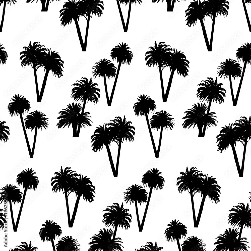 Black palm trees isolated on white background. Vector seamless pattern ...