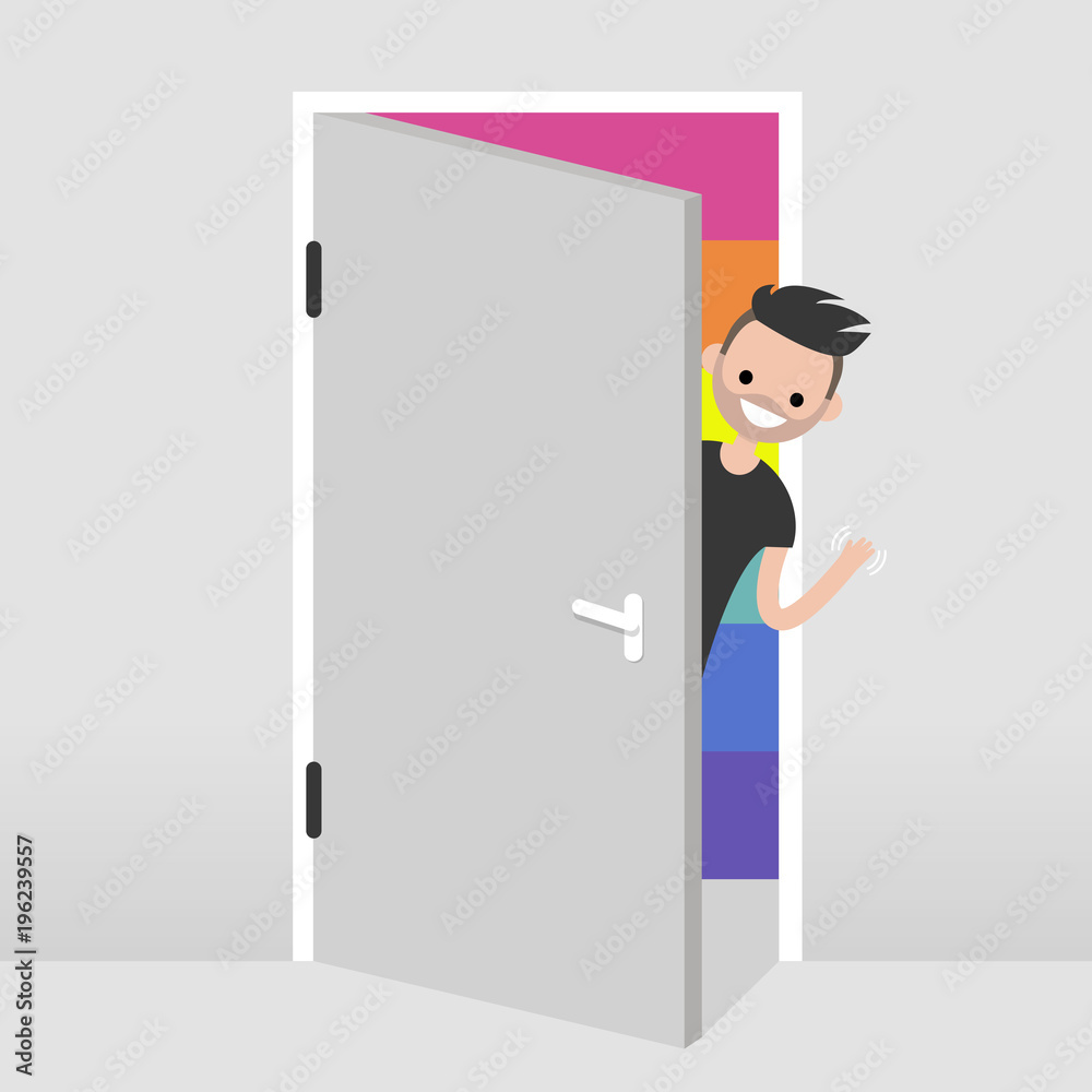 Coming out. Young character peeking out from behind the door. Rainbow ...