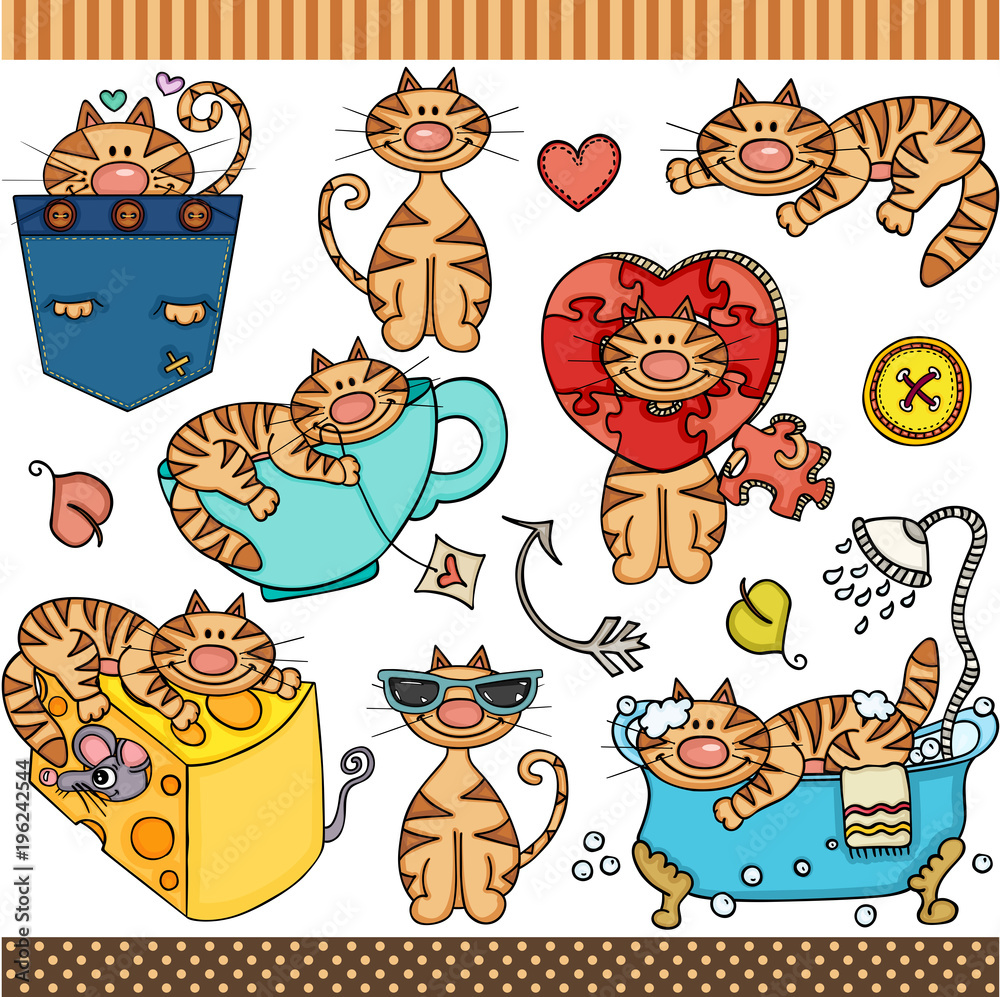 Cute cat set digital elements Stock Vector | Adobe Stock