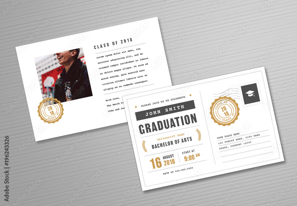 Graduation Invitation Postcard Layout with Gold Accents Stock Template ...