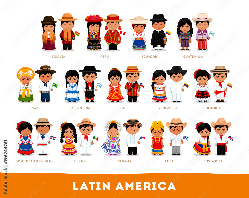 Latin Americans in national clothes. Big set of different cartoon ...