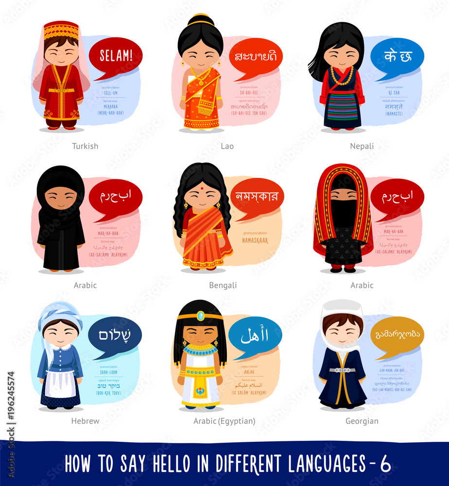 Hello in foreign languages: Arabic, Hebrew, Turkish, Lao, Nepali ...