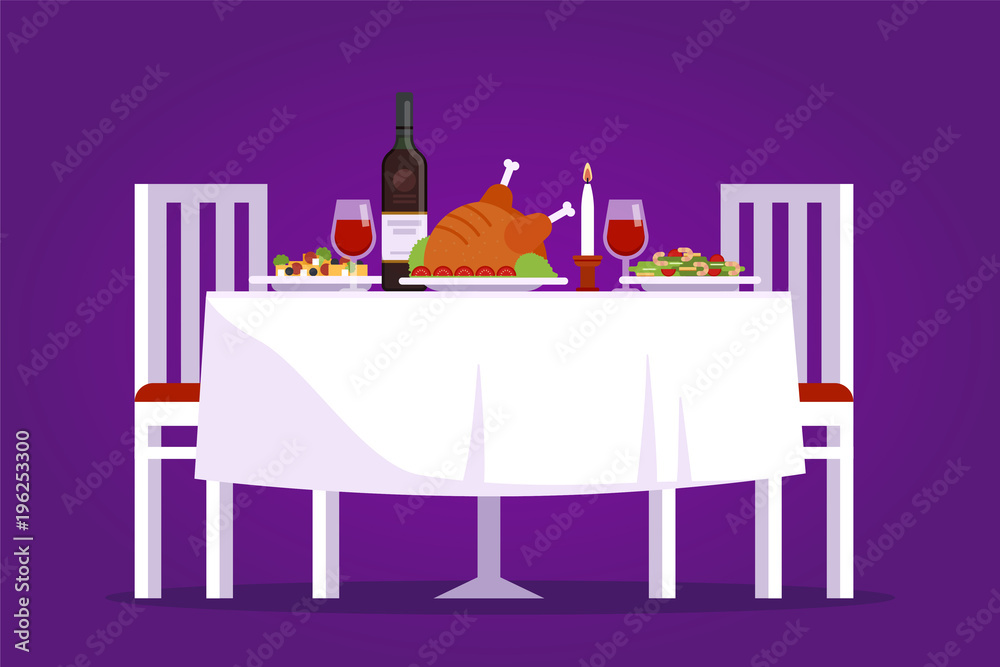 Table with tasty dishes and two chairs vector flat illustration ...