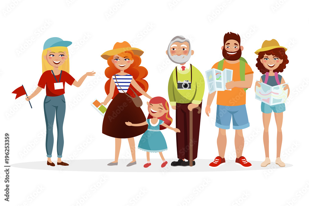 Guide and group of tourists listening her and having an excursion ...