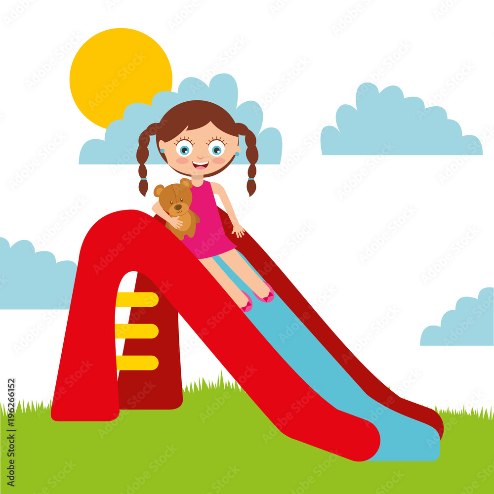 cute girl playing in slide playground cartoon vector illustration Stock ...