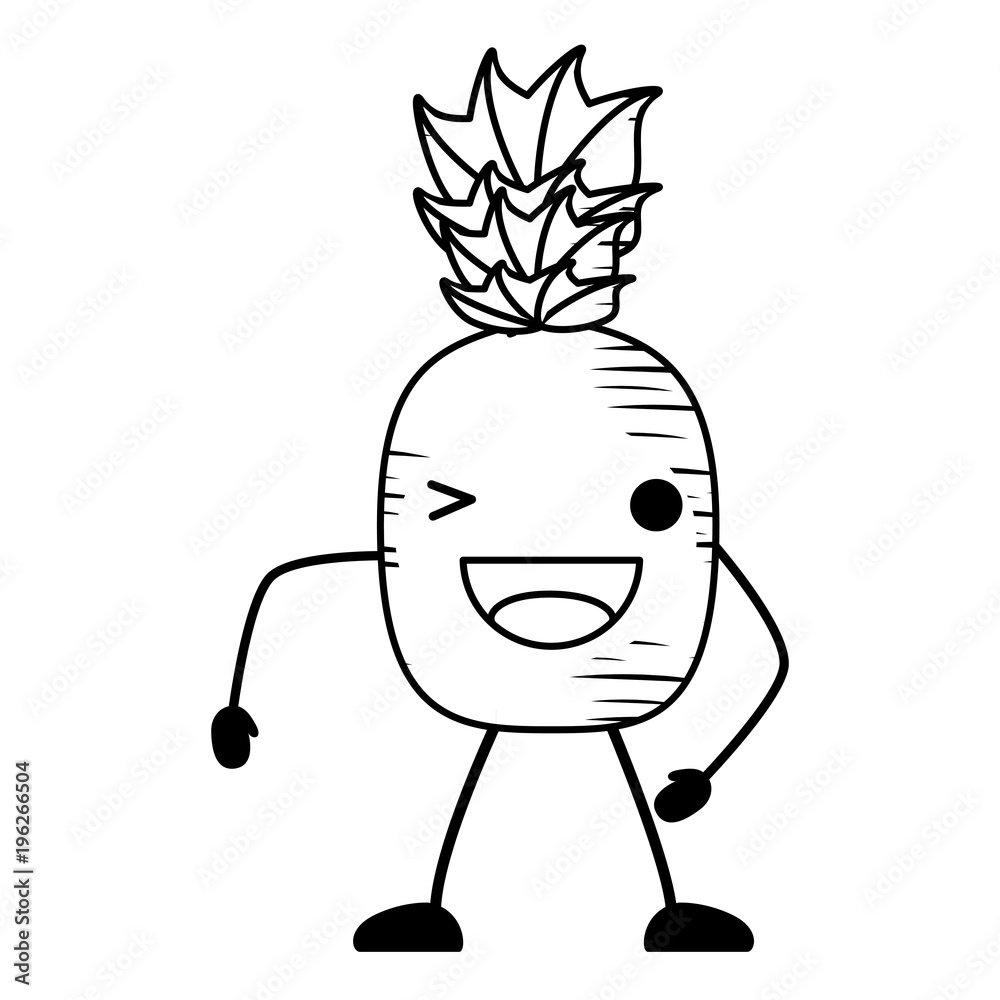sketch of kawaii pineapple wiking an eye over white background, vector ...