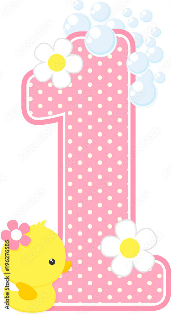 number 1 with bubbles and cute rubber duck isolated on white. can be ...