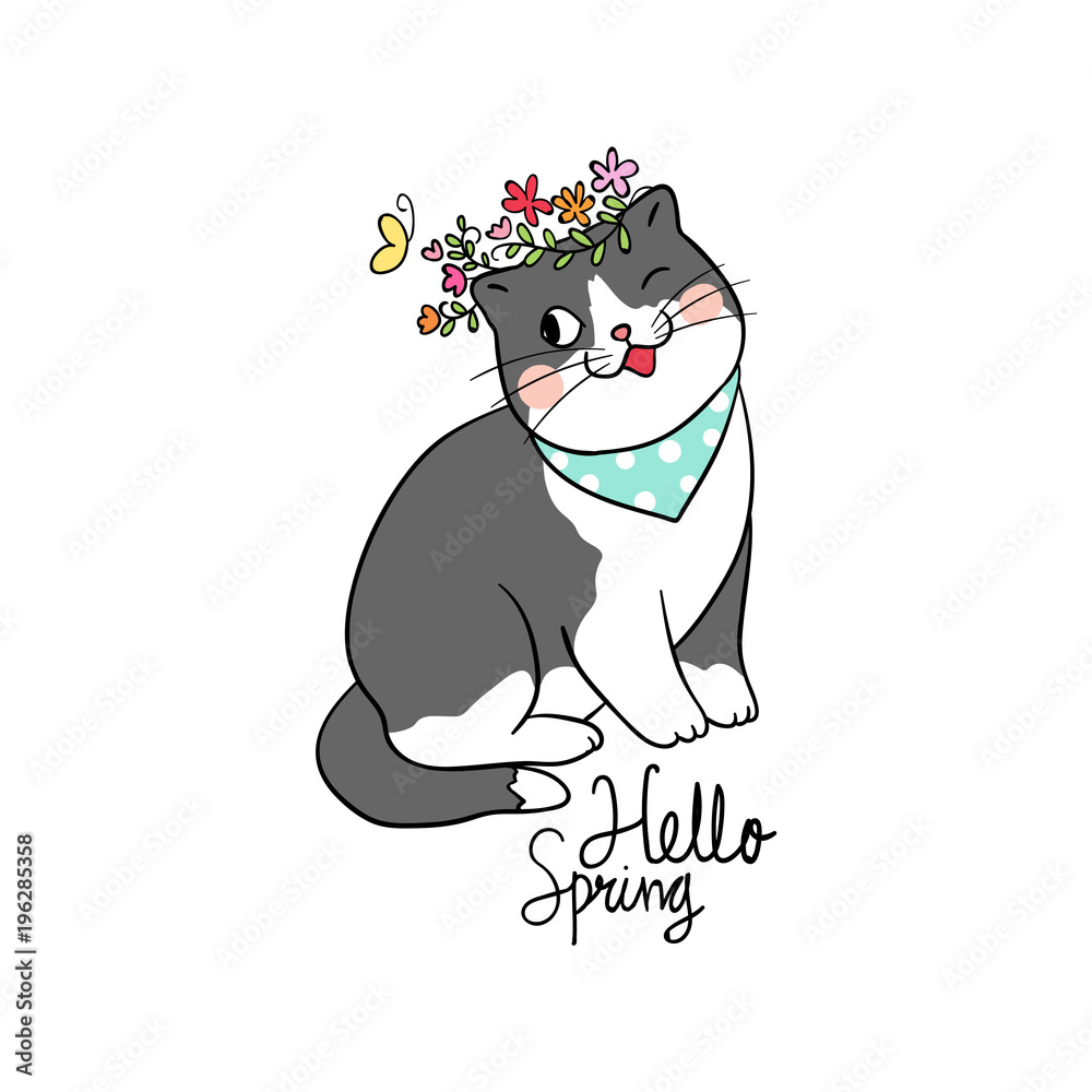 Vector illustration draw character design of cute cat hello spring and ...