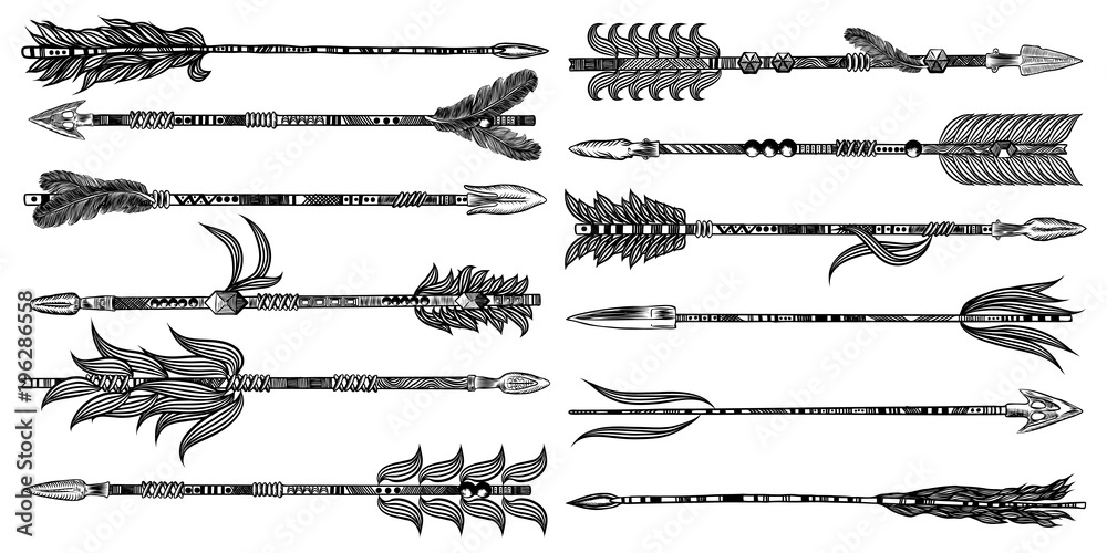 Tribal boho arrow set in ethnical pattern with feathers and bow. Native ...