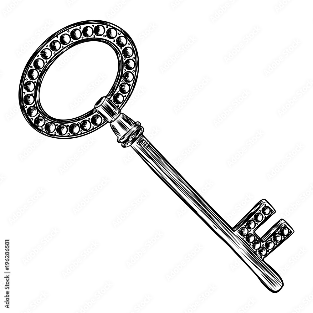 Hand drawn antique key. Sketch style of vintage key on white background ...