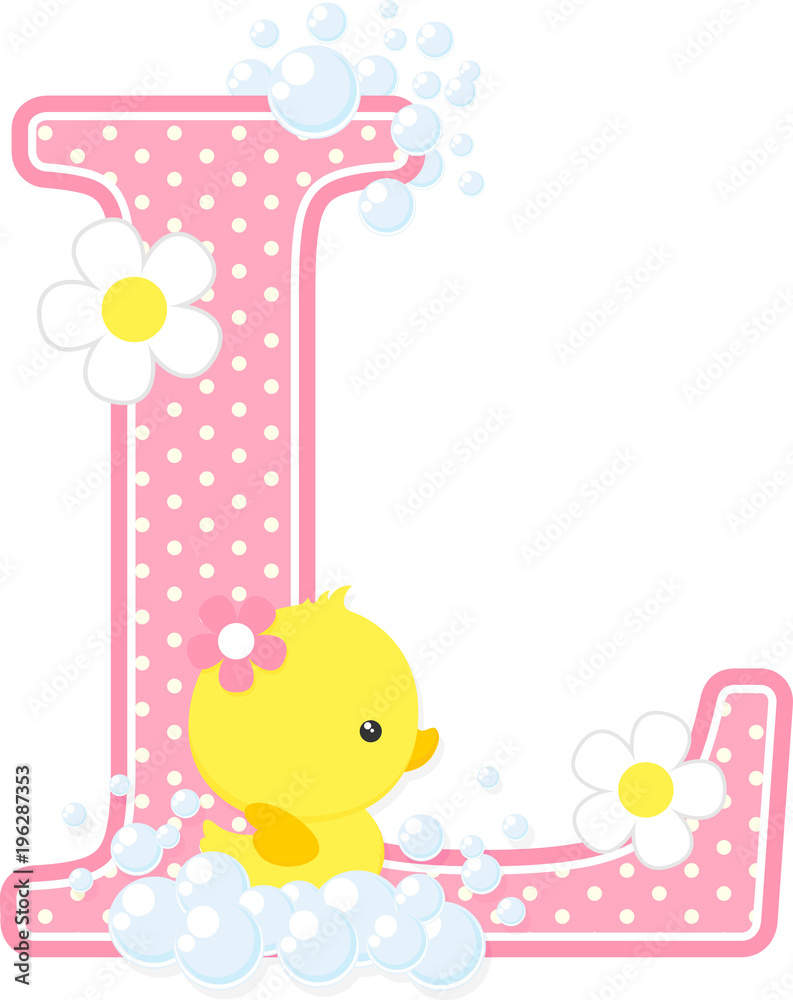 initial l with flowers and cute rubber duck isolated on white. can be ...