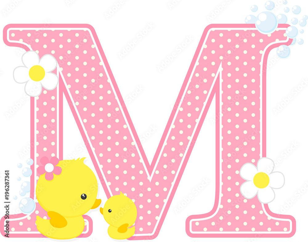 initial m with flowers and cute baby duck and mom isolated on white ...