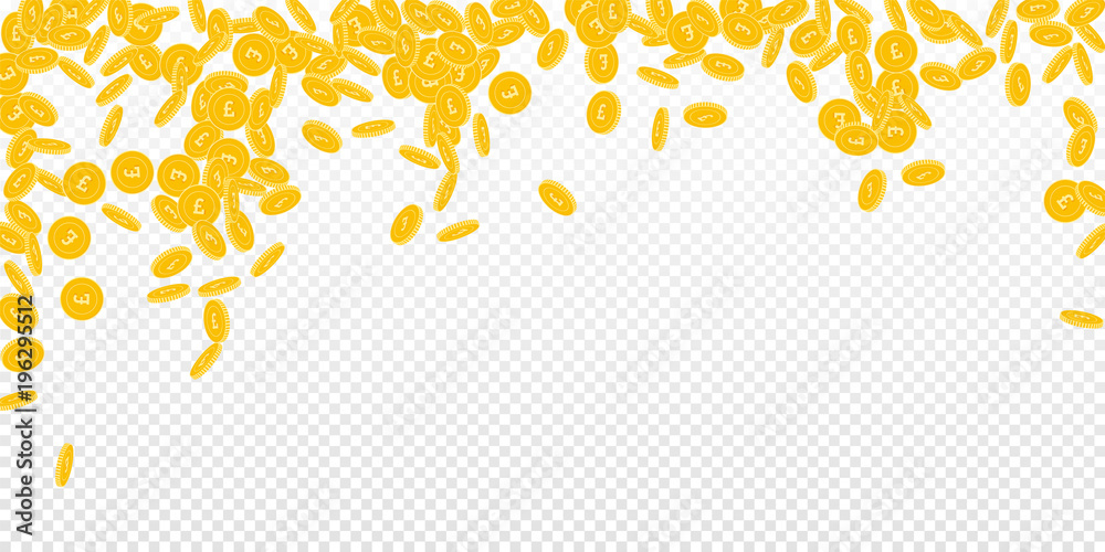 British pound coins falling. Scattered small GBP coins on transparent ...
