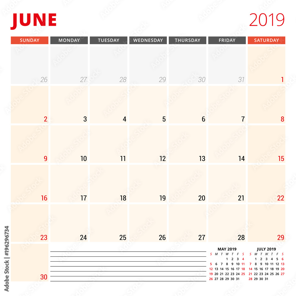 Calendar planner template for June 2019. Week starts on Sunday. Vector ...