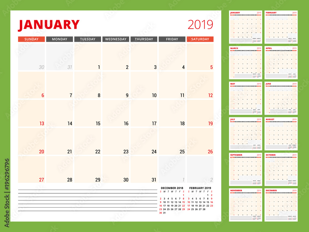 Calendar planner template for 2019 year. Week starts on Sunday. Vector ...