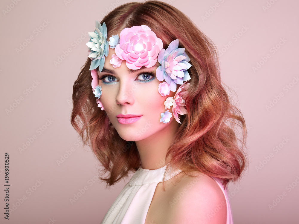 Face ofFace of Beautiful Woman Decorated with Flowers. Perfect Makeup ...