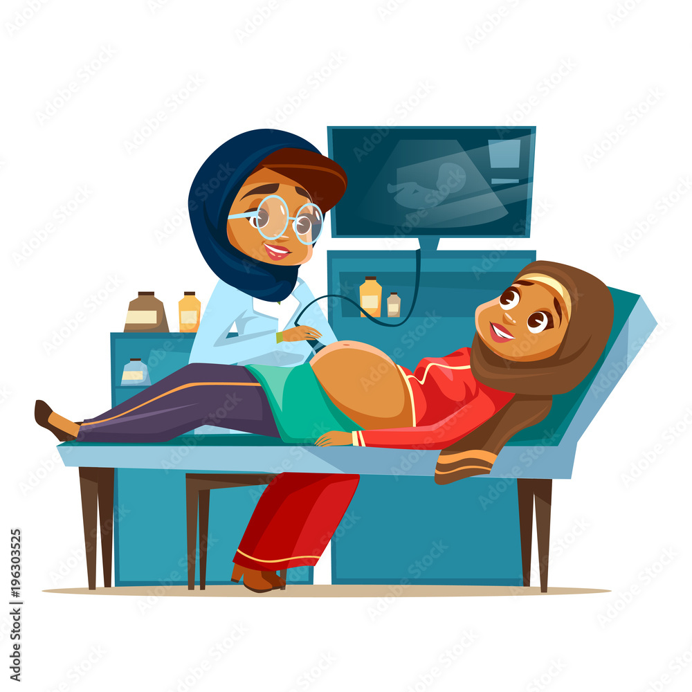 Vector Cartoon Arab Ultrasound Pregnancy Screening Concept Muslim