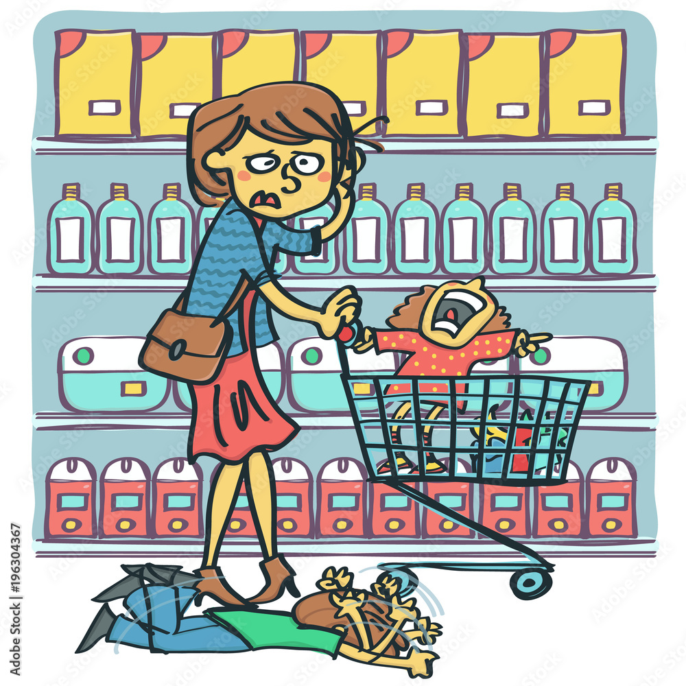 Desperate and stressed woman with two raging kids screaming at shopping ...