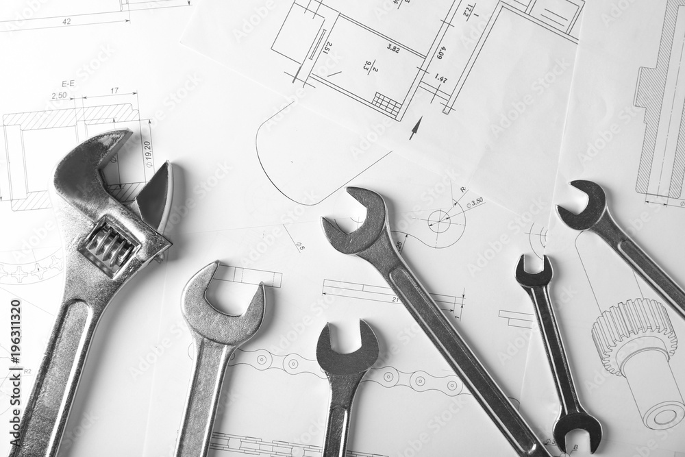 Plumber's tools on drawing foto de Stock | Adobe Stock