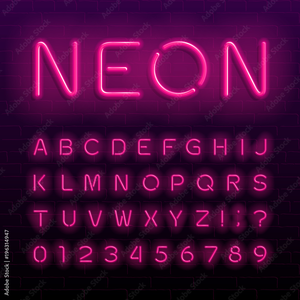 Neon lamp alphabet font. Neon color shiny letters, numbers and symbols ...