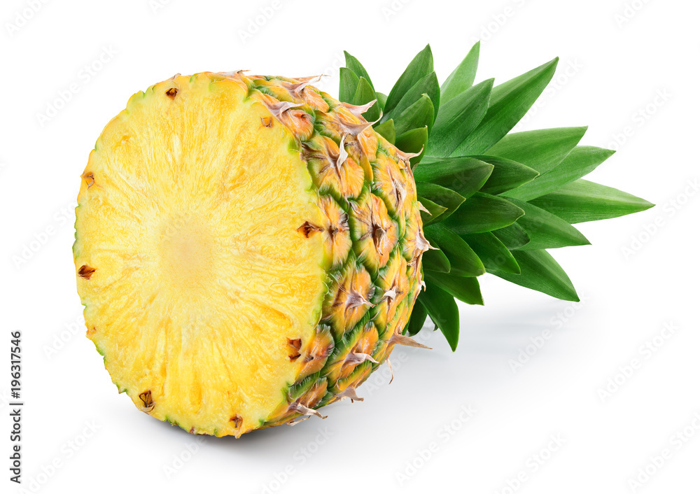 Pineapple half. Pineapple slice isolated on white. Pineapple with leaves. Full depth of field ...