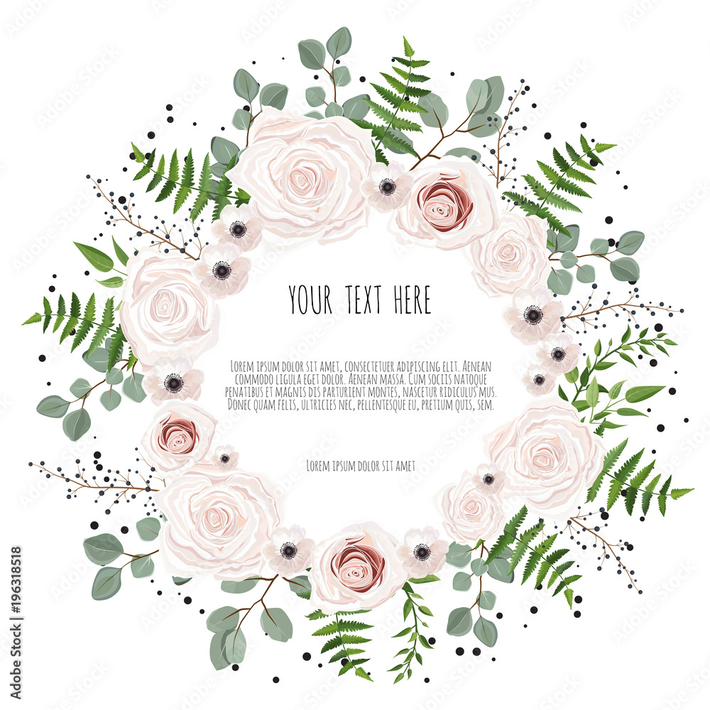 Floral card design with pink, creamy white garden rose. Vector luxury ...