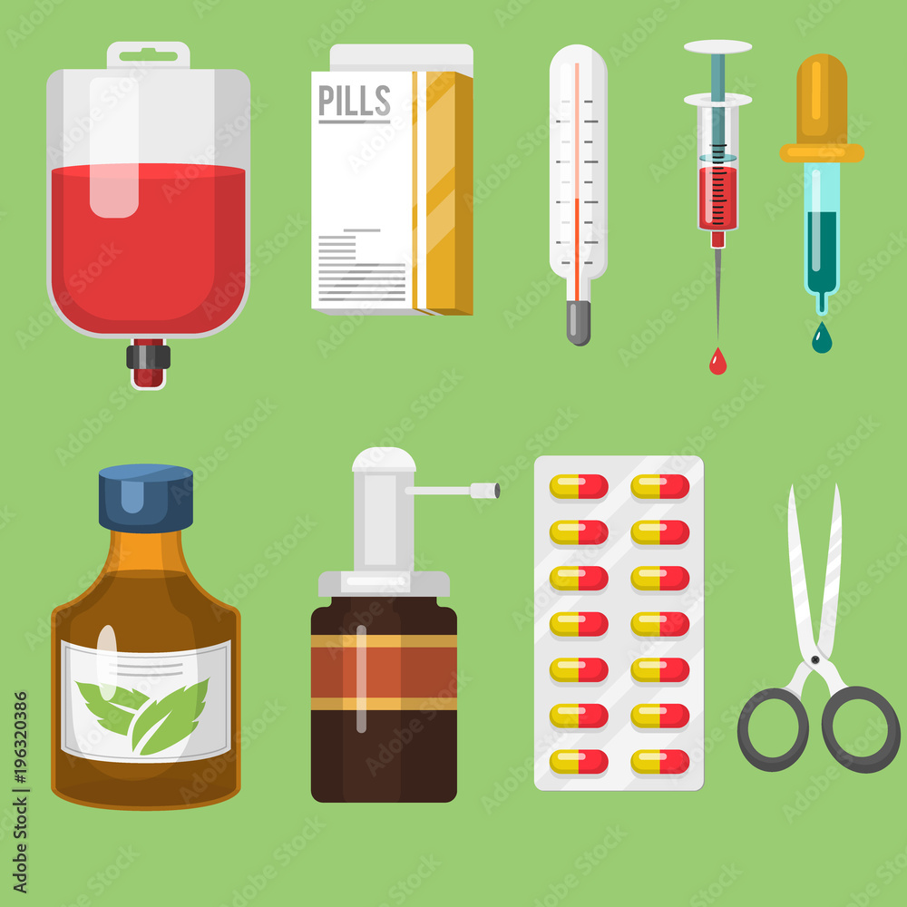 Medical instruments and doctor tools medicament in cartoon style ...