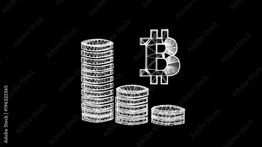 3d wireframe spin and assemble into a 3d bitcoin symbol stack of coins ...
