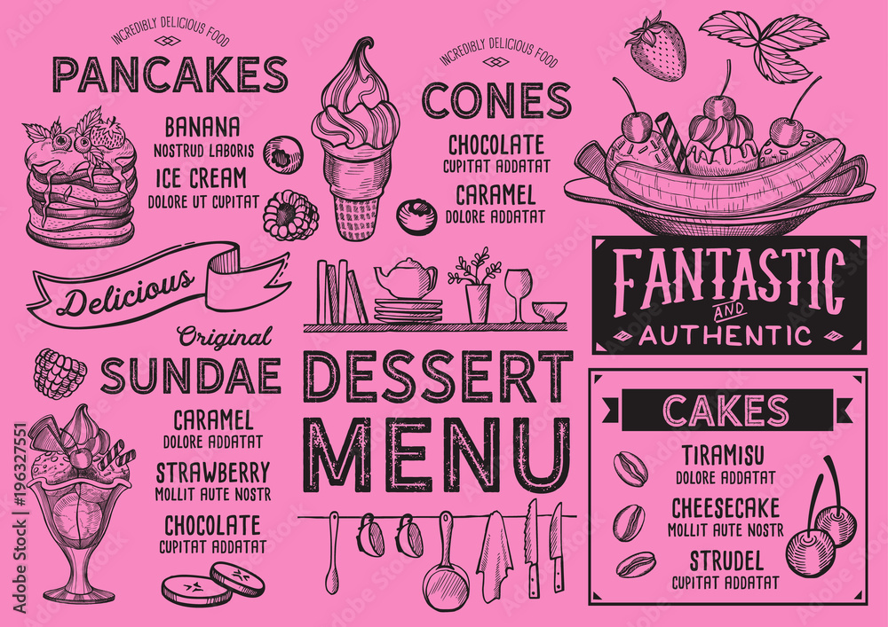 Dessert restaurant menu. Vector food flyer for bar and cafe. Design ...